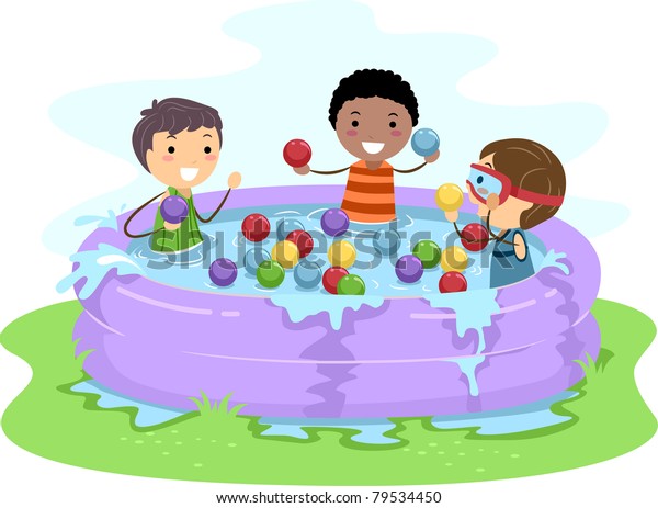 Illustration Kids Playing Inflatable Pool: เวกเตอร์สต็อก (ปลอดค่า ...