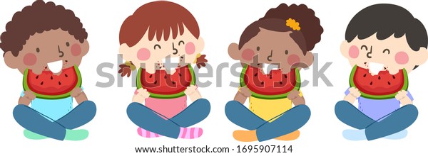Illustration Kids Sitting Down Eating Slice: เวกเตอร์สต็อก (ปลอดค่า ...