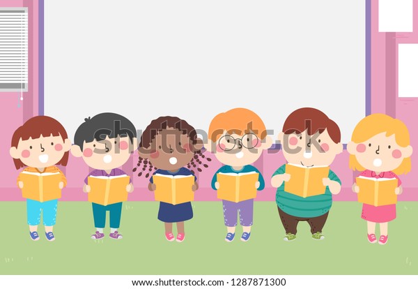 Illustration Kids Standing Front Reading Book Stock Vector (Royalty ...