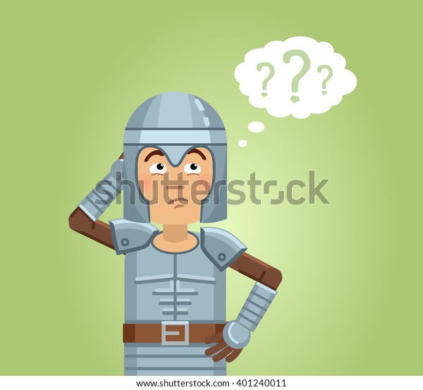 Illustration of a knight looking up at the question marks and thinking ...