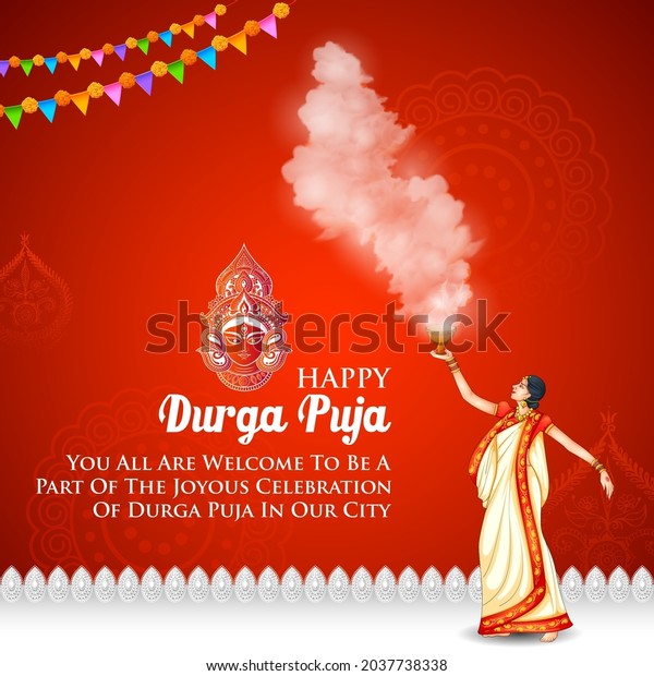 Illustration Lady Performing Dhunchi Dance Happy Stock Vector (Royalty ...
