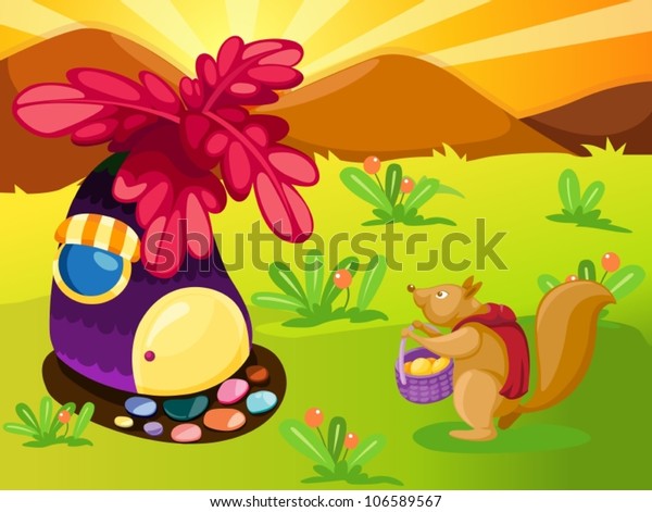 illustration of landscape cartoon squirrel and tree house