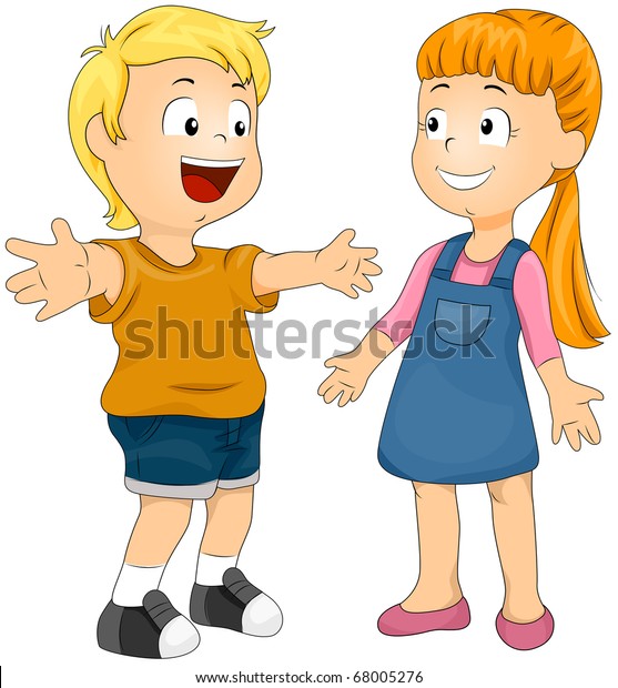 Illustration of a Little Boy Offering a Little Girl a Welcome Hug Illustration of a Little Boy Offering a Little Girl a Welcome Hug