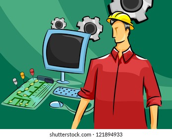 Illustration Male Computer Engineer Standing Beside Stock Vector ...
