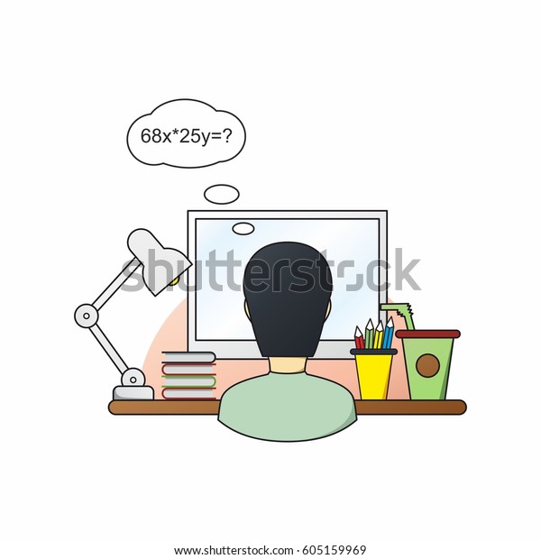 Illustration Man Front His Desk Stock Vector (Royalty Free) 605159969 ...