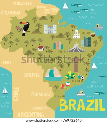 Illustration Map Brazil Nature Animals Landmarks Stock Vector (Royalty ...