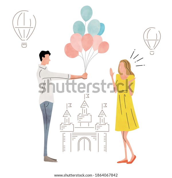 Illustration Material Young Couple Passing Balloons Stock Vector ...