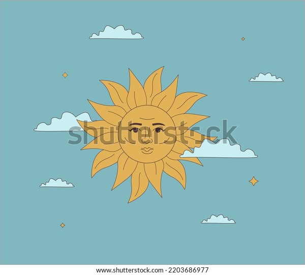 Illustration Outline Sun Face Sky Clouds Stock Vector (Royalty Free ...