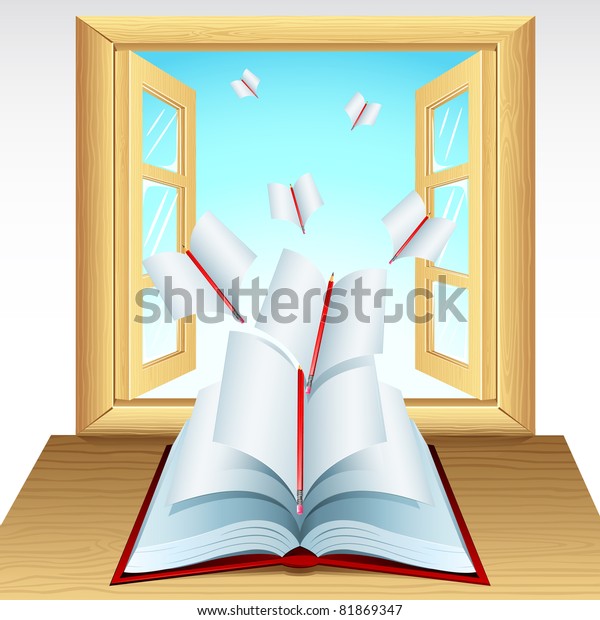 illustration of pages of open book flying outside window