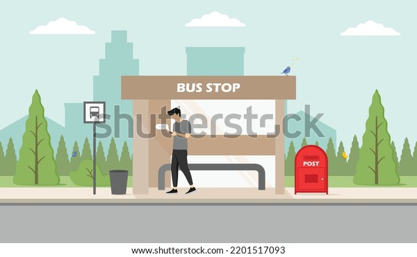 Illustration People Waiting Bus Bus Stop Stock Vector (Royalty Free ...