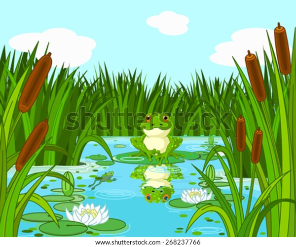 Illustration Pond Scene Frog Sits On Stock Vector (Royalty Free) 268237766