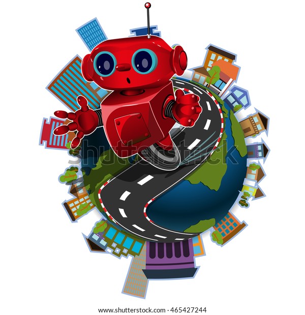 Illustration Red Robot On Road Around Stock Vector (Royalty Free) 465427244