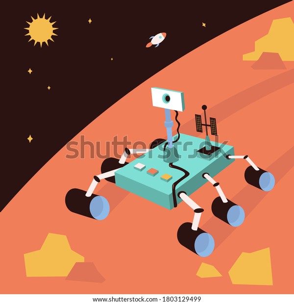 Illustration with a research rover on the surface of Mars. Robotic ...