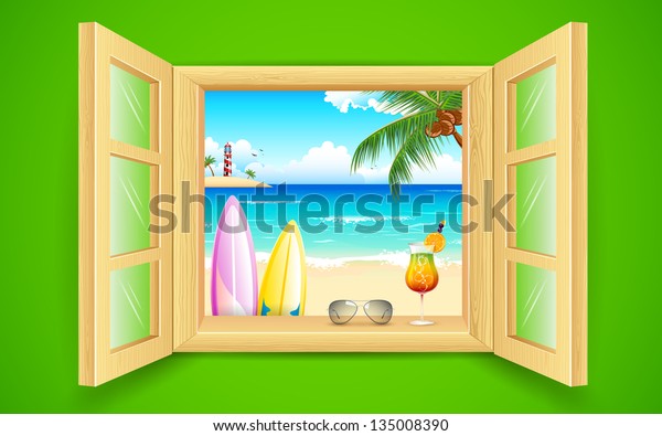 Illustration Sea Beach View Window Stock Vector (Royalty Free ...