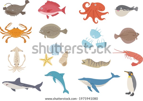 Illustration Set Sea Creatures Stock Vector (Royalty Free) 1975941080 ...