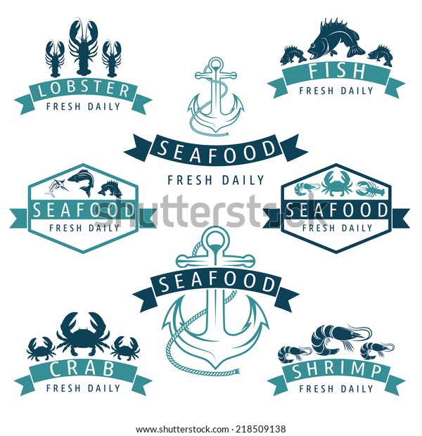 Illustration Set Seafood Labels Retro Stylevector: เวกเตอร์สต็อก (ปลอด ...
