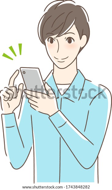 Illustration Smiling Man Operating Smartphone Stock Vector (Royalty ...