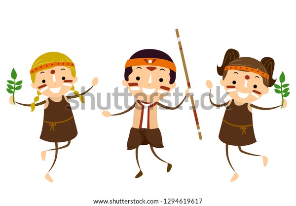 Vektor Stok Illustration Stickman Kids Wearing Native Australian (Tanpa ...