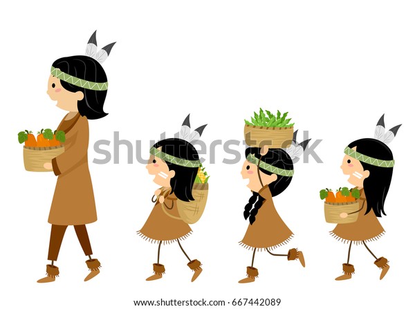 Illustration Stickman Native American Mom Kids: เวกเตอร์สต็อก (ปลอดค่า ...