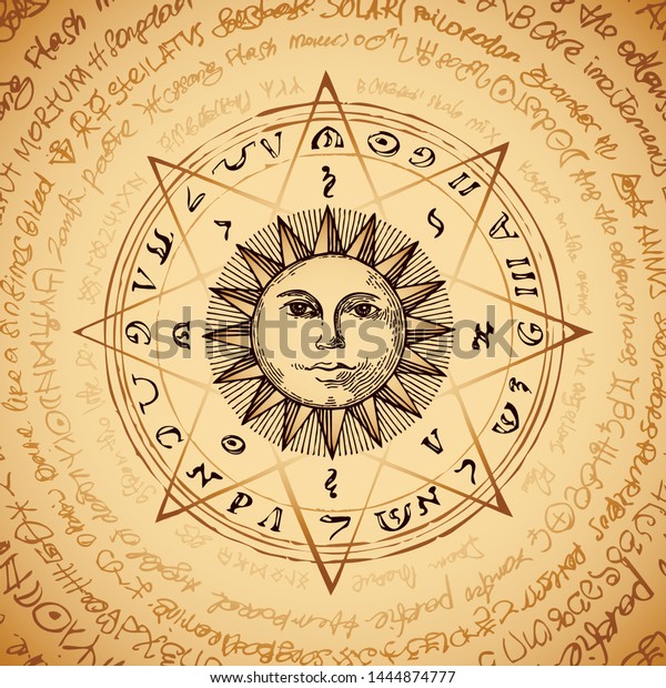 Illustration Sun Octagonal Star Magical Inscriptions Stock Vector ...
