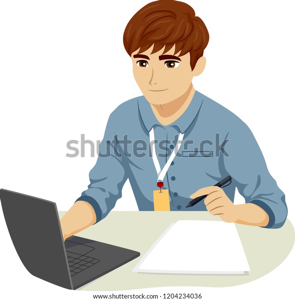 Illustration Teenage Guy Intern Using Laptop Stock Vector (Royalty Free ...