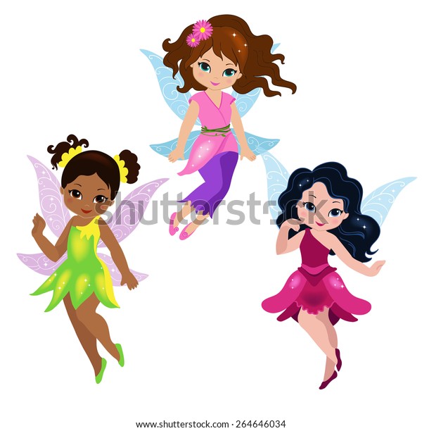 Illustration of three cute fairies in fly