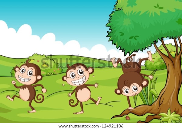 Illustration Three Monkeys Dancing Under Tree Stock Vector (Royalty ...