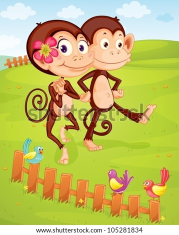 Illustration Two Monkeys Walking On Green Stock Vector (Royalty Free ...
