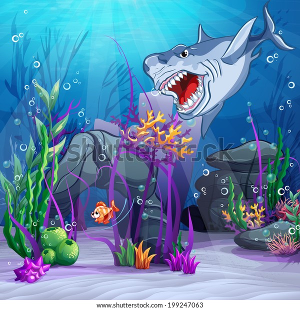 Illustration Underwater World Evil Shark: เวกเตอร์สต็อก (ปลอดค่า ...