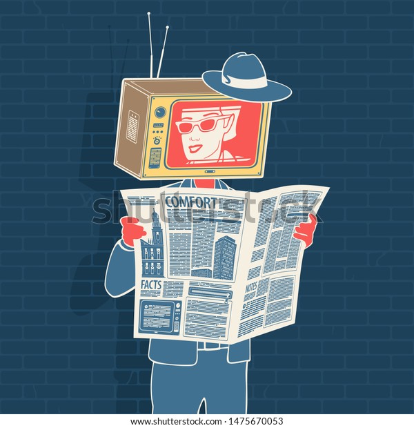 Illustration Vector Man Newspaper Head Tv Stock Vector (Royalty Free ...