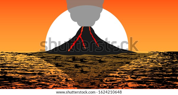 Illustration Volcano Erupting Against Sunset Background Stock Vector ...