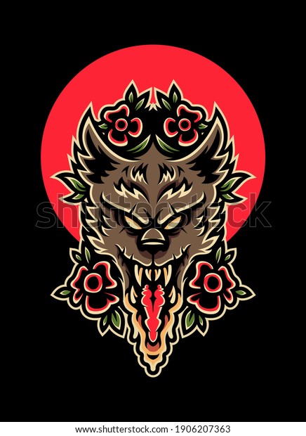 Illustration Wolf Head Rose Old School Stock Vector (Royalty Free ...