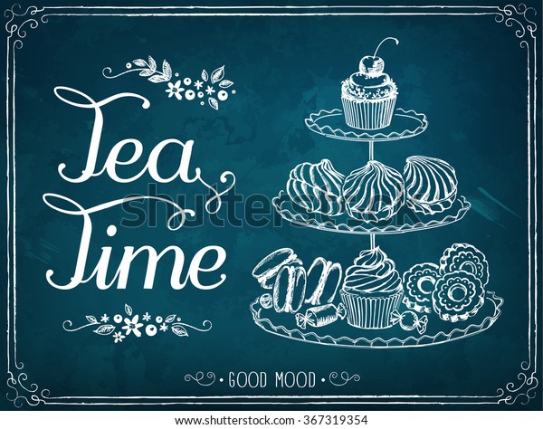 Иллюстрация со словами Tea Time. Трехуровневая подставка со сладкой ...