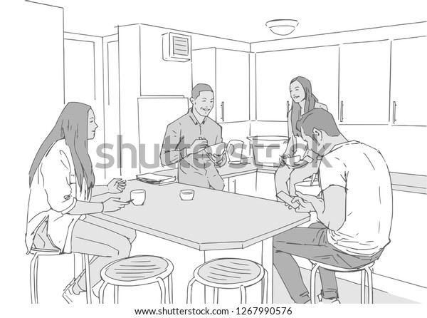 Illustration Young People Students Drinking Morning Stock Vector ...