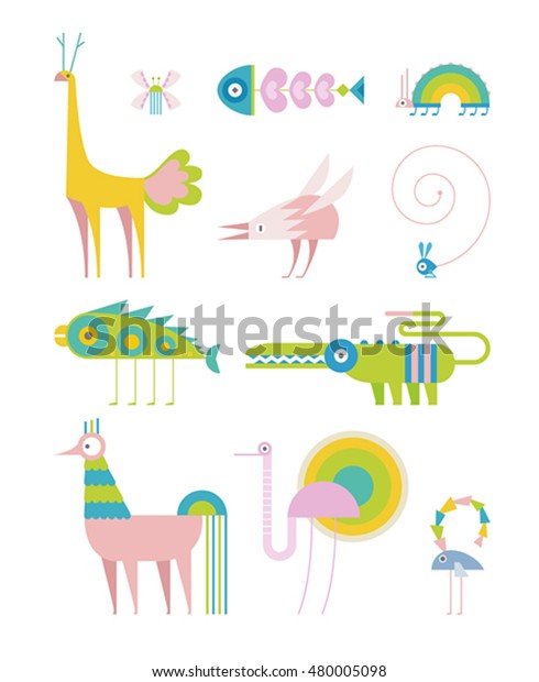Imaginary Animals Living Woods Flat Design Stock Vector (Royalty Free ...