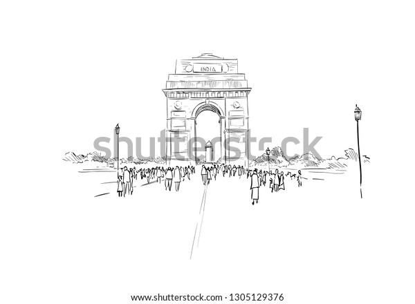 India Gate New Delhi India Hand Stock Vector (Royalty Free) 1305129376