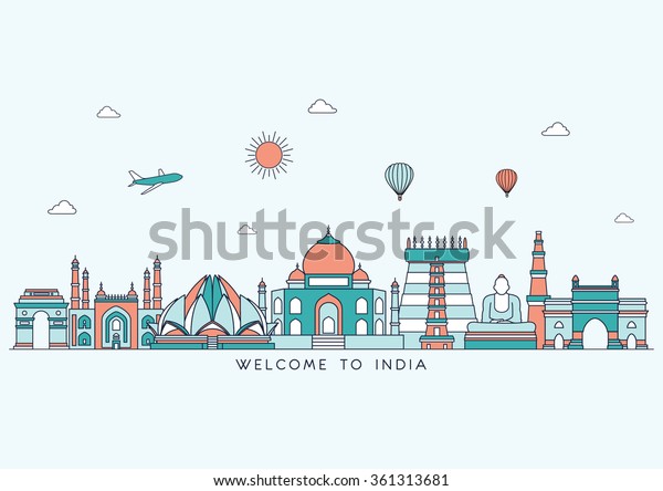India skyline. Vector line illustration. Line art style