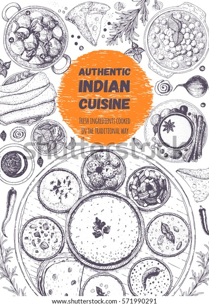 Indian cuisine top view frame. Indian food menu design. Vintage hand ...