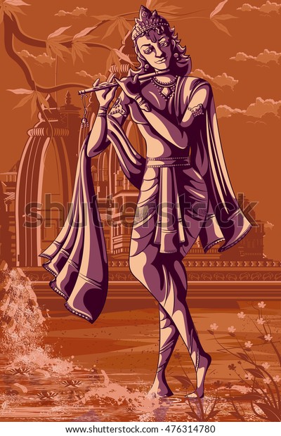 Indian God Krishna Playing Bansur Flute Stock Vector (Royalty Free ...