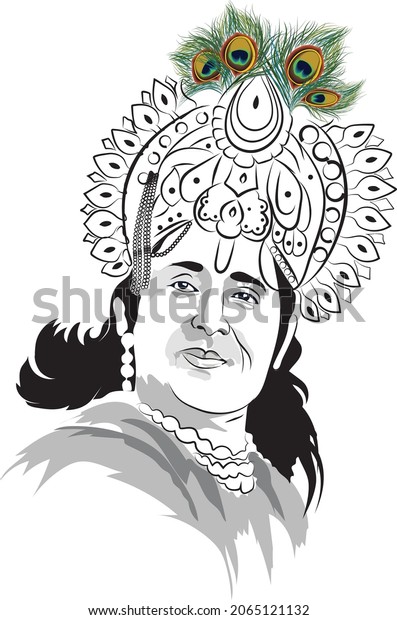 Indian Lord Krishna Line Drawing Traditional Stock Vector (Royalty Free ...