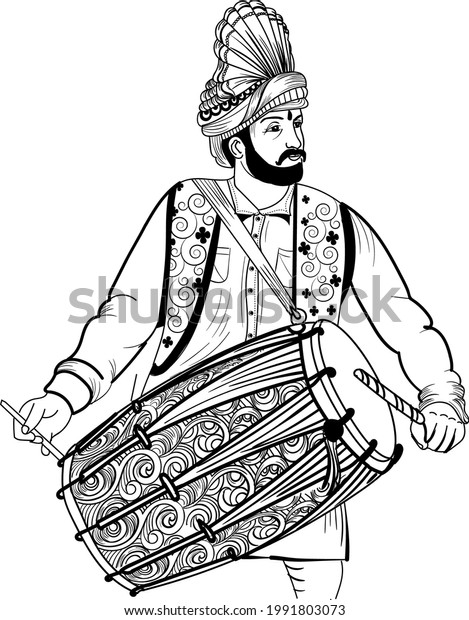 HOMBRE INDIO JUGANDO DHOL EN ARTE DE LÍNEA DE VECTORES DE FUNCIÓN DE ...