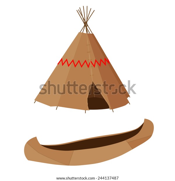 Indian native american brown canoe and wigwam vector icon set isolated