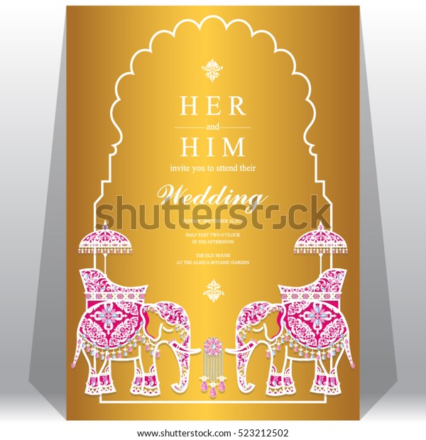 Indian Wedding Card Elephant Patterned Gold Stock Vector (Royalty Free ...