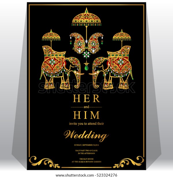 Indian Wedding Card Elephant Patterned Gold Stock Vector (Royalty Free ...