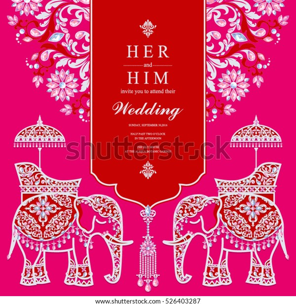 Indian Wedding Card Elephant Patterned Gold Stock Vector (Royalty Free ...
