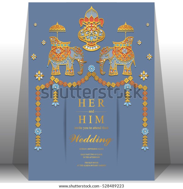 Indian Wedding Card Elephant Patterned Gold Stock Vector (Royalty Free ...