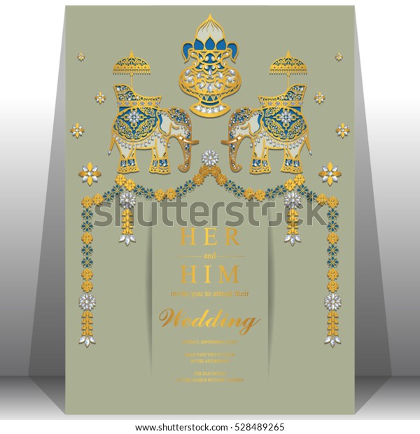 Indian Wedding Card Elephant Patterned Gold Stock Vector (Royalty Free ...