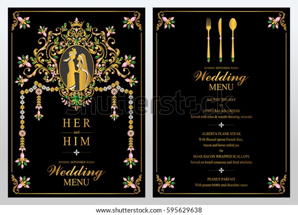 Indian wedding Menu card templates with gold patterned and crystals on ...