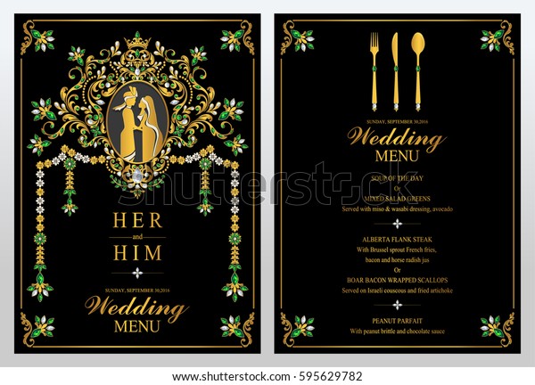 Vektor Stok Indian Wedding Menu Card Templates Gold (Tanpa Royalti ...