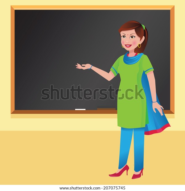 Indian Woman Teacher Front Blackboard This Stock Vector Royalty Free